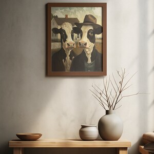 American Gothic Cow Art Print, Grant Wood Inspired Digital Cows With ...