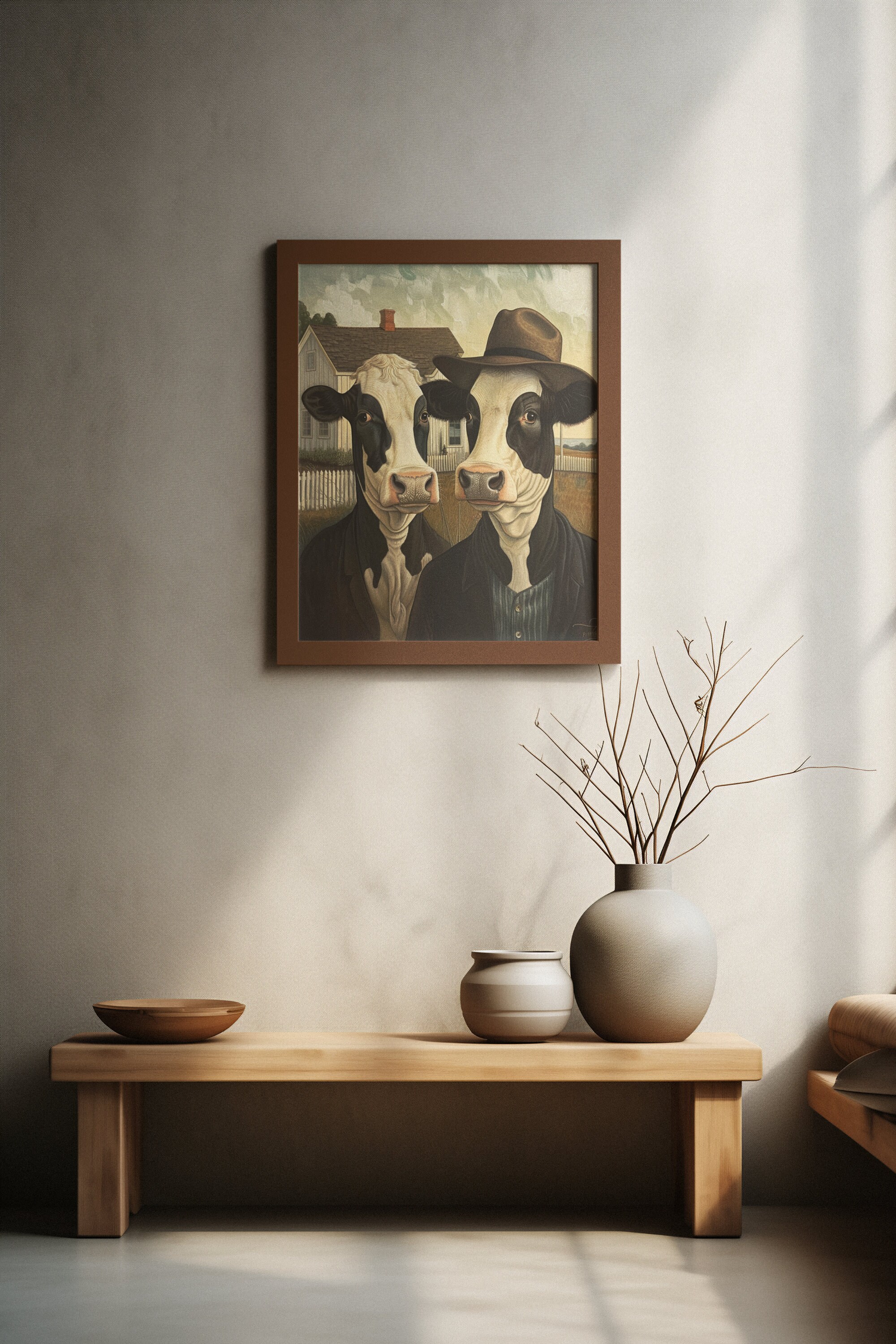 American Gothic Cow Art Print, Grant Wood Inspired Digital Cows With ...