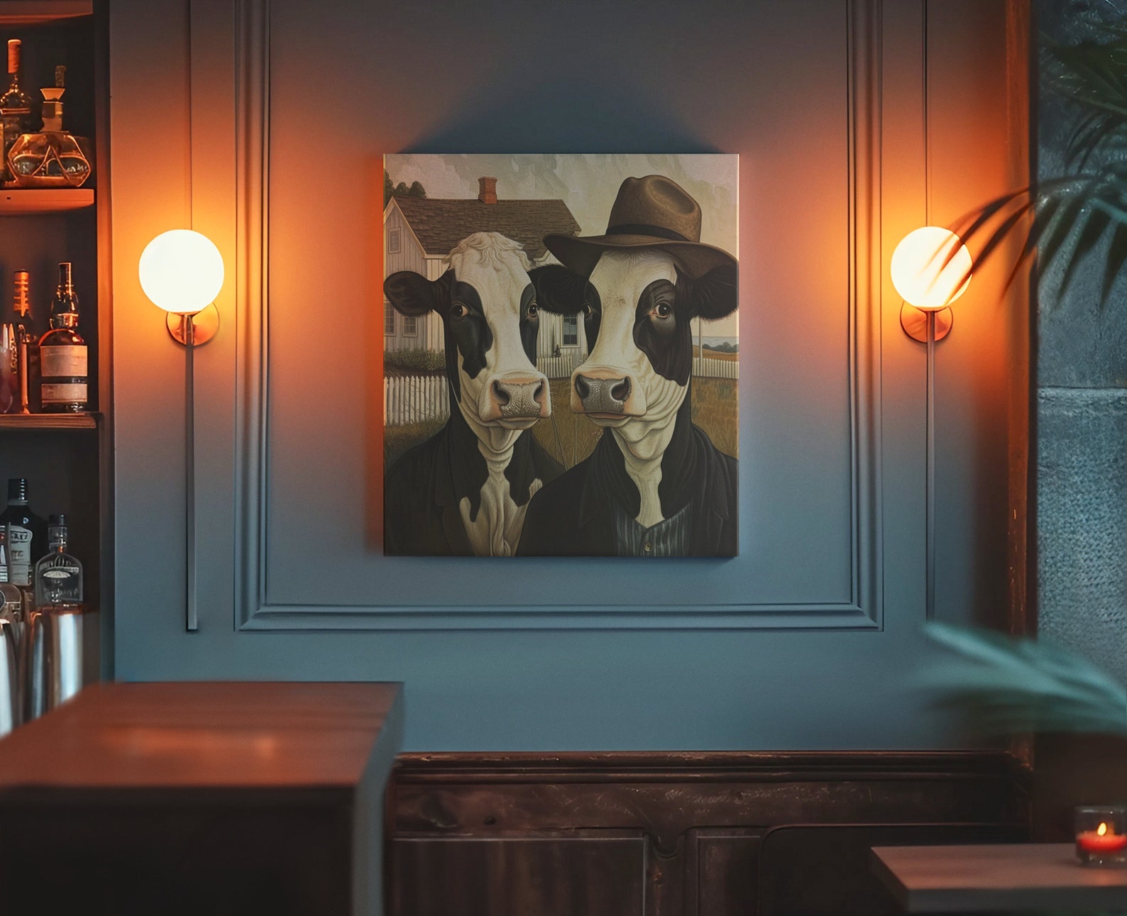 American Gothic Cow Art Print, Grant Wood Inspired Digital Cows With ...