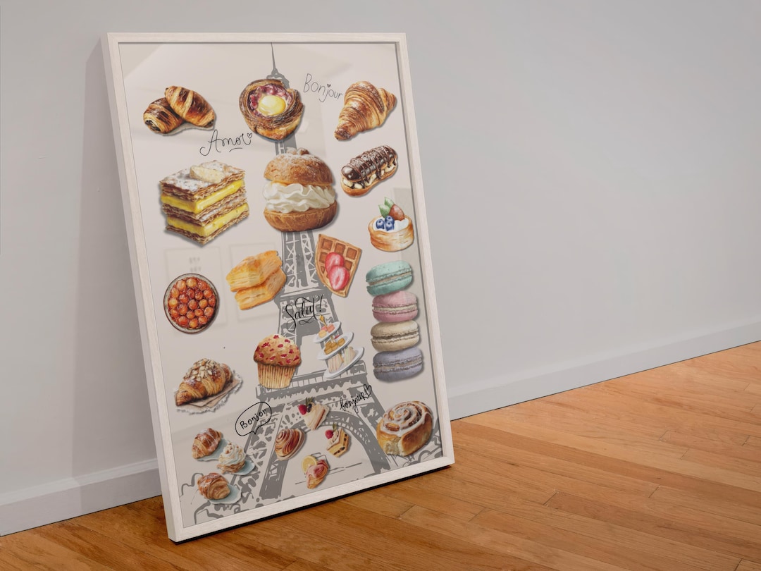 French Pastry Kitchen Print: Whimsical Croissants & Éclairs (digital ...
