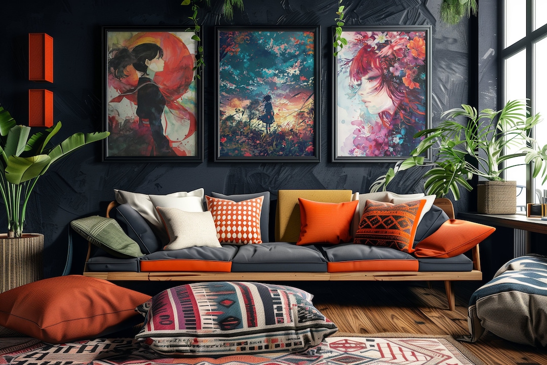 Set of 5 Anime Wall Art, Watercolor Anime Art, Anime Wall Decor, Gift ...