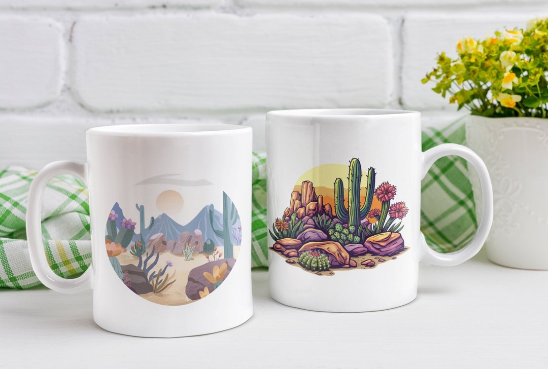 Cacti and Rocks Design Coffee Mugs, Hand Drawn Arizona Desert Sunset ...
