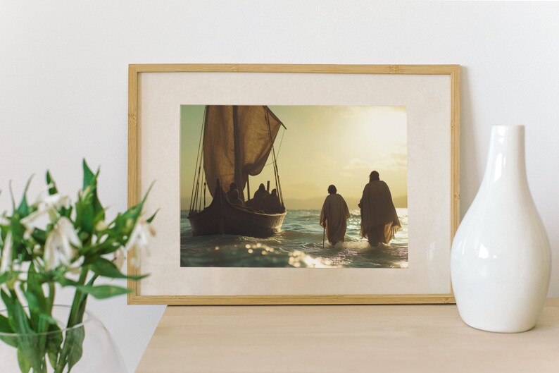 Printable Apostle Peter Water-walking Canvas, Serene Scripture-based Artwork, Reflective ...