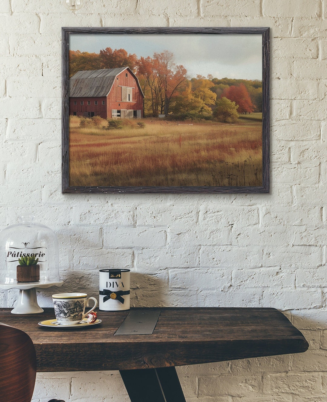 Printable Rustic Autumn Barn Art Weathered Red Farmhouse Among Fall ...