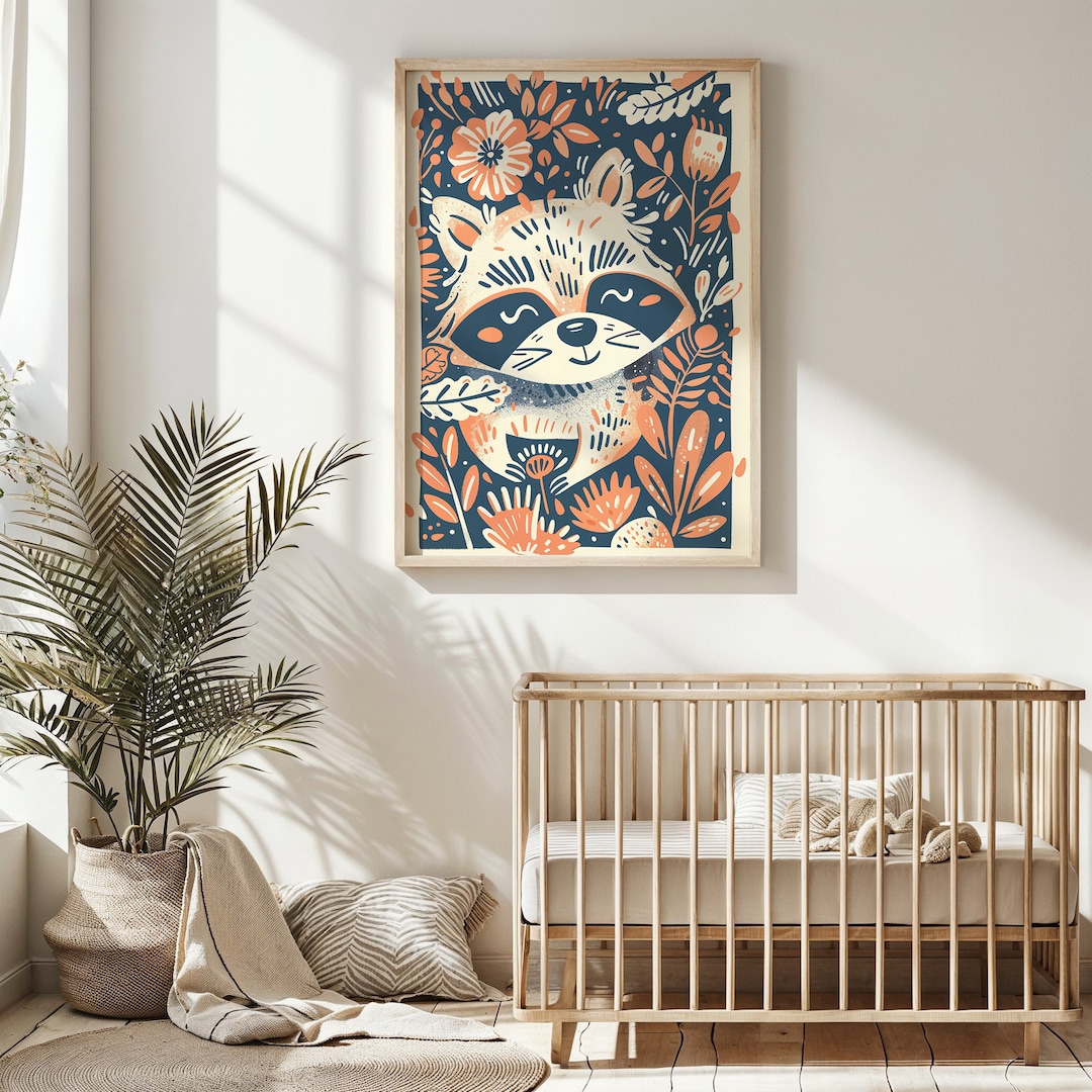 Raccoon Nursery Wall Art Print, Kids Woodland Animal Poster, Floral ...