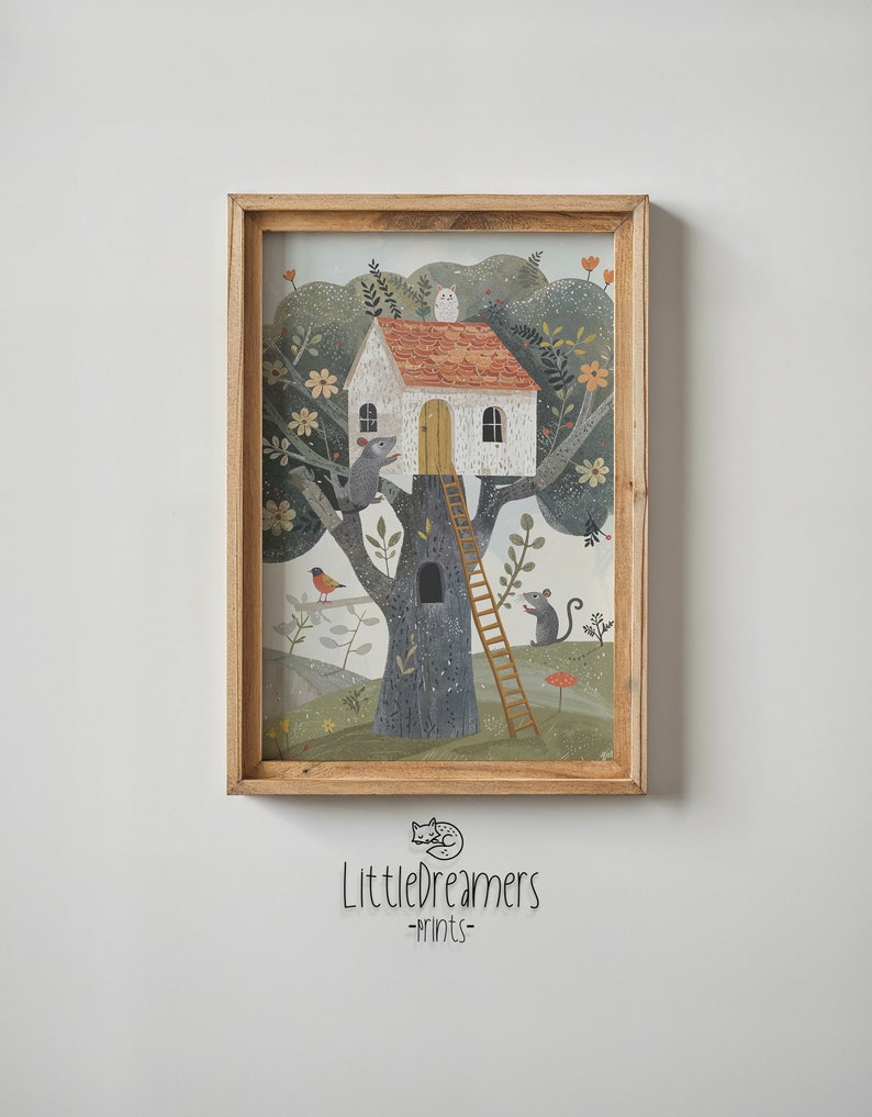 Whimsical Treehouse Nursery Wall Art, Woodland Animals Kids Poster ...