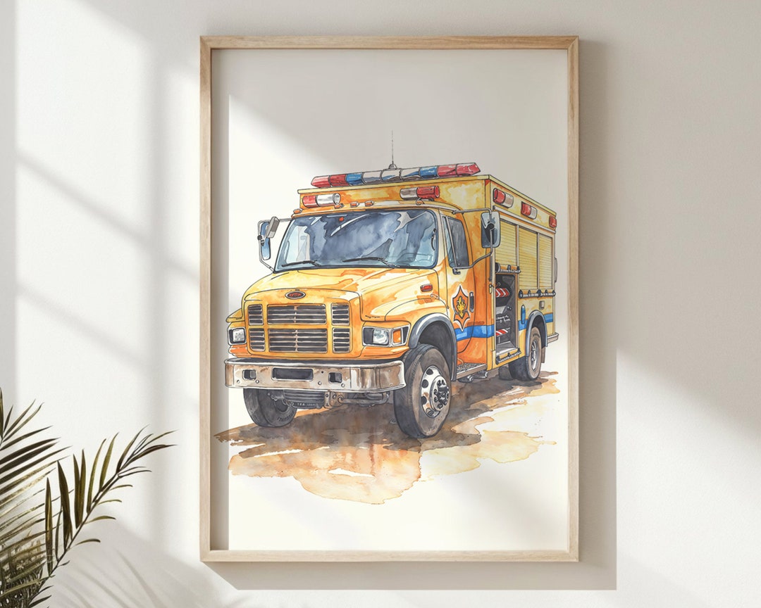 Fire Truck Print for Kids, Nursery Wall Art, Watercolor Emergency ...