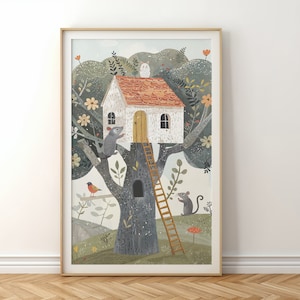 Whimsical Treehouse Nursery Wall Art, Woodland Animals Kids Poster ...
