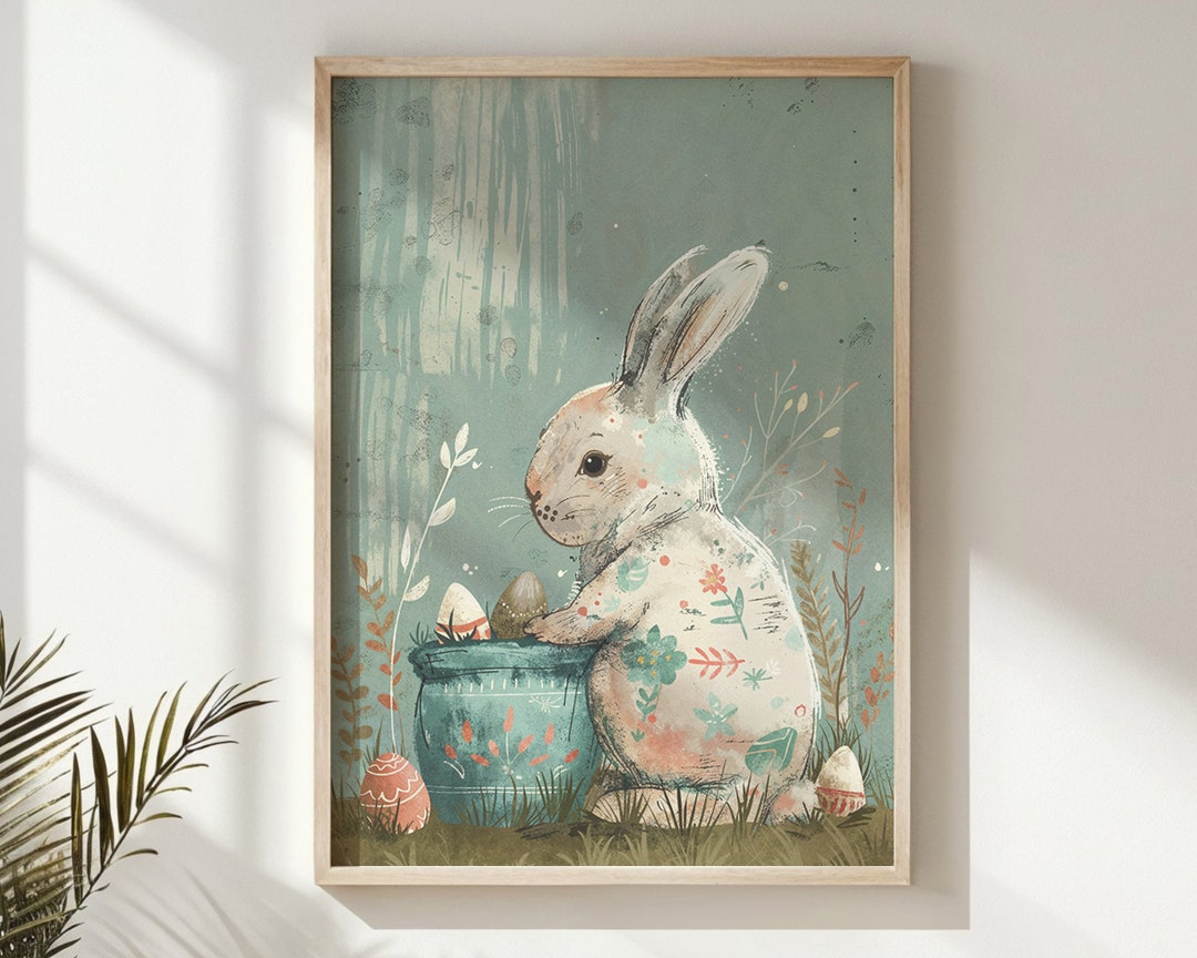Easter Bunny Printable Art, Nursery Wall Art, Spring Rabbit With Eggs ...