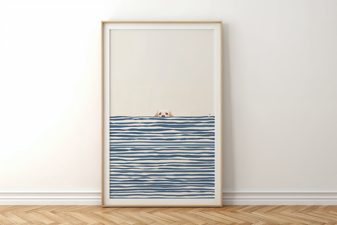 Peeking Puppy Print, Navy Stripes Nursery Wall Art, Kids Room Dog ...