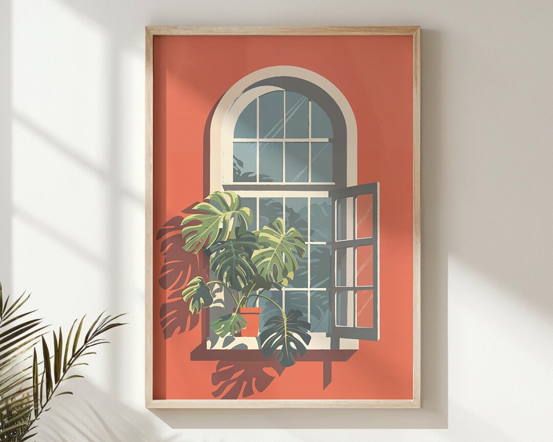 Monstera Plant Window View Printable, Nursery Wall Art, Vibrant Orange ...