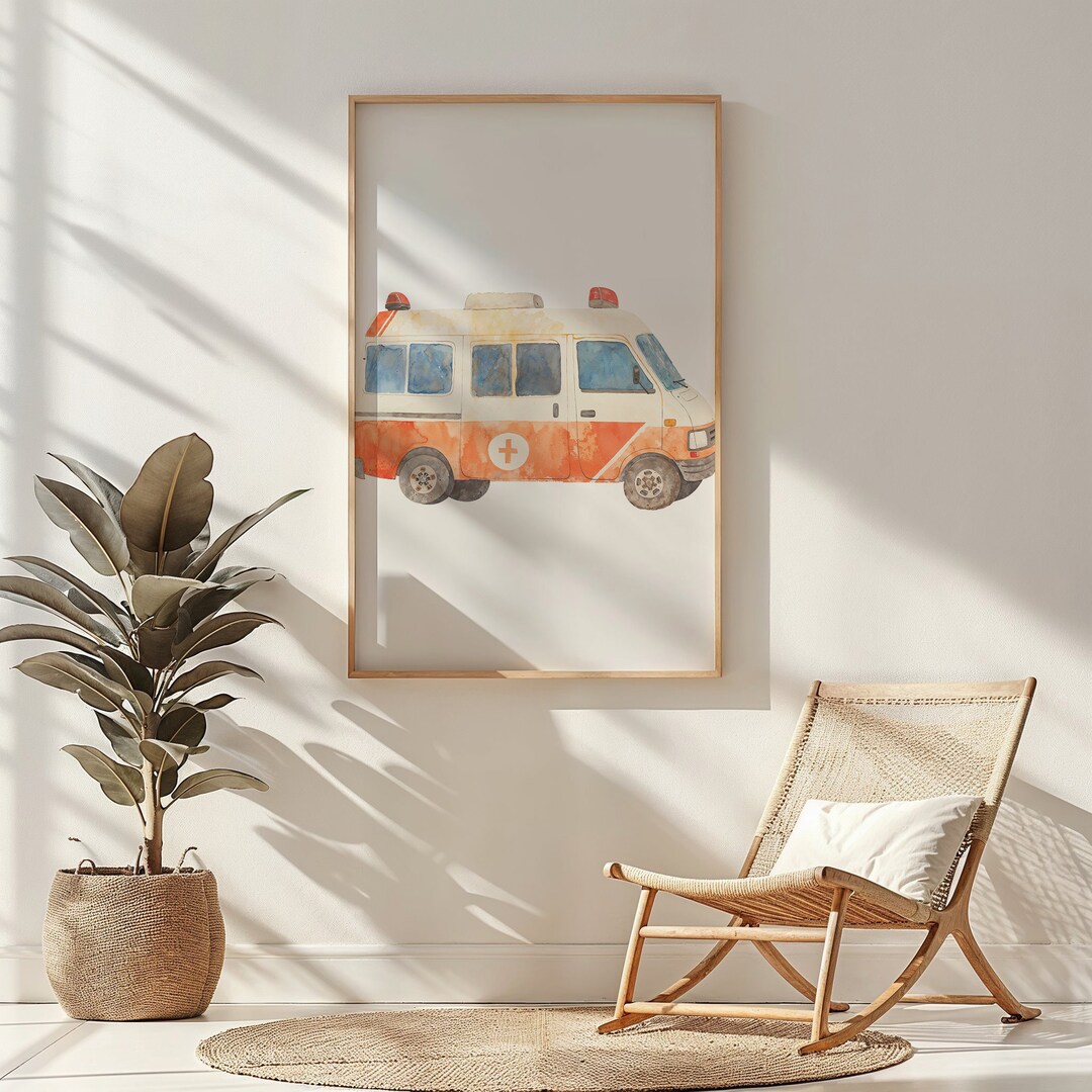 Ambulance Watercolor Print, Nursery Wall Art, Kids Transportation ...