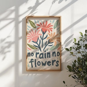 Floral Inspirational Quote Nursery Wall Art, No Rain No Flowers Kids ...