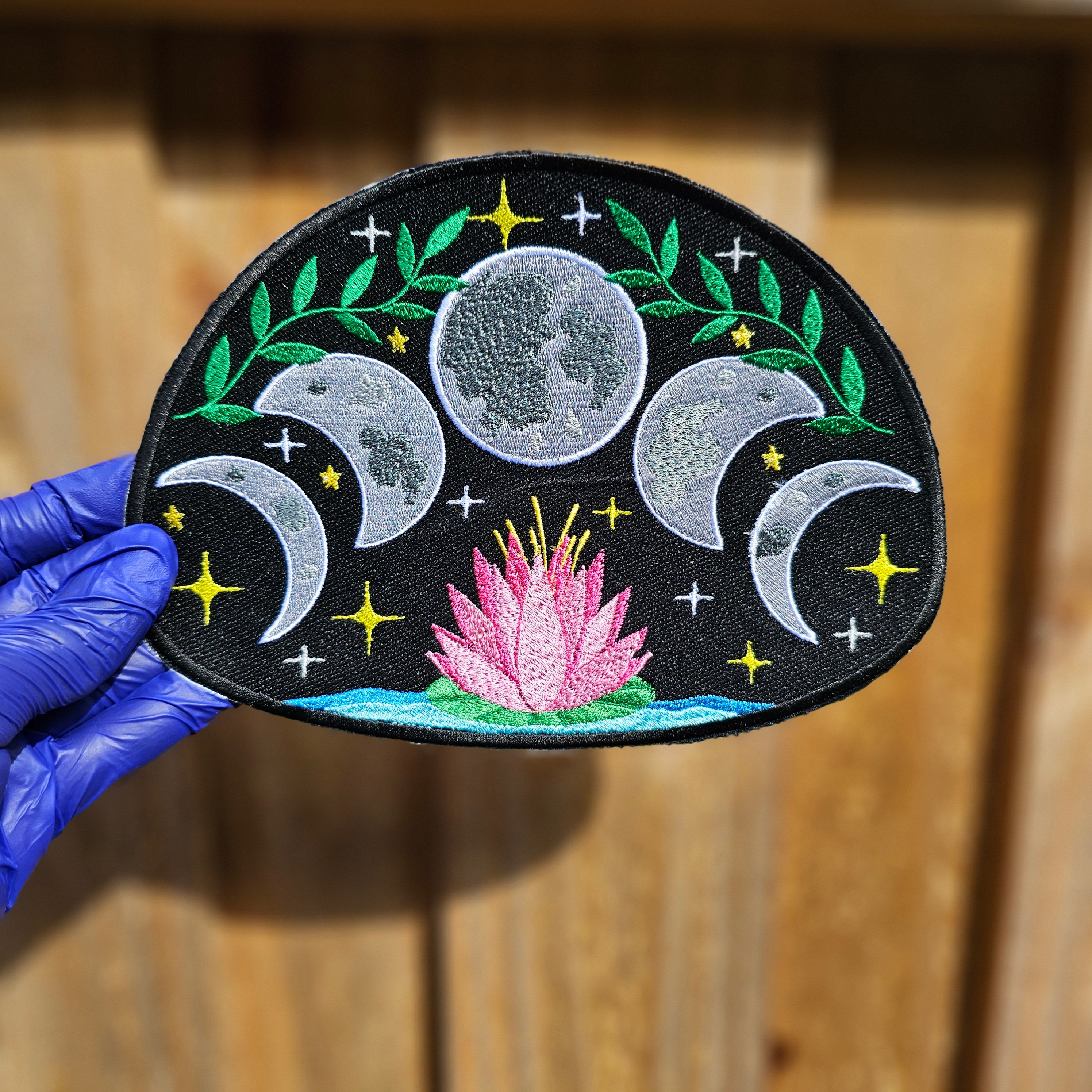 Large Moon Phase Lotus Iron On/sew on Patch, Moon Phase Patch, Lotus ...