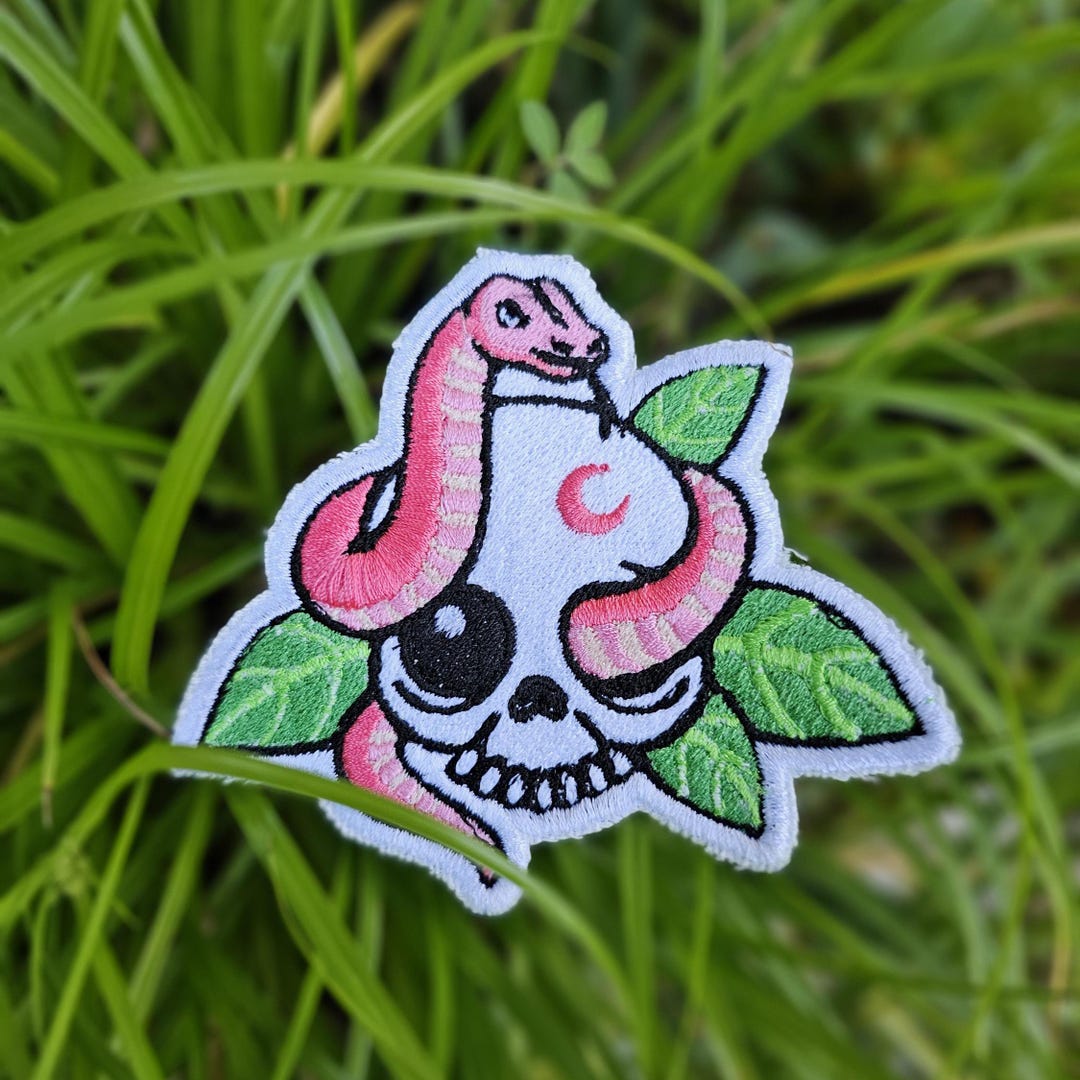 Skull and Snake, Pink Snake Iron on Patch, Skull Iron on Patch, Snake Patch, Skull and Bones ...