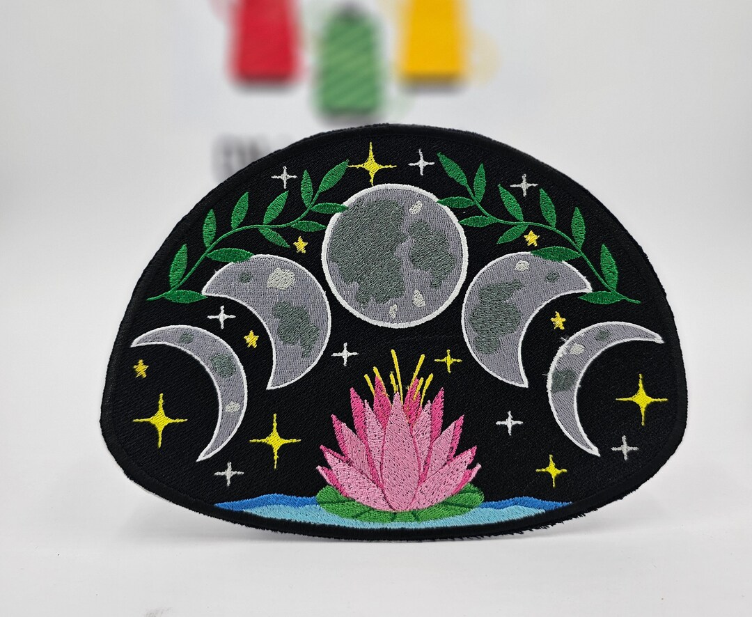 Large Moon Phase Lotus Iron On/sew on Patch, Moon Phase Patch, Lotus Patch, Shirt Patch, Iron on ...