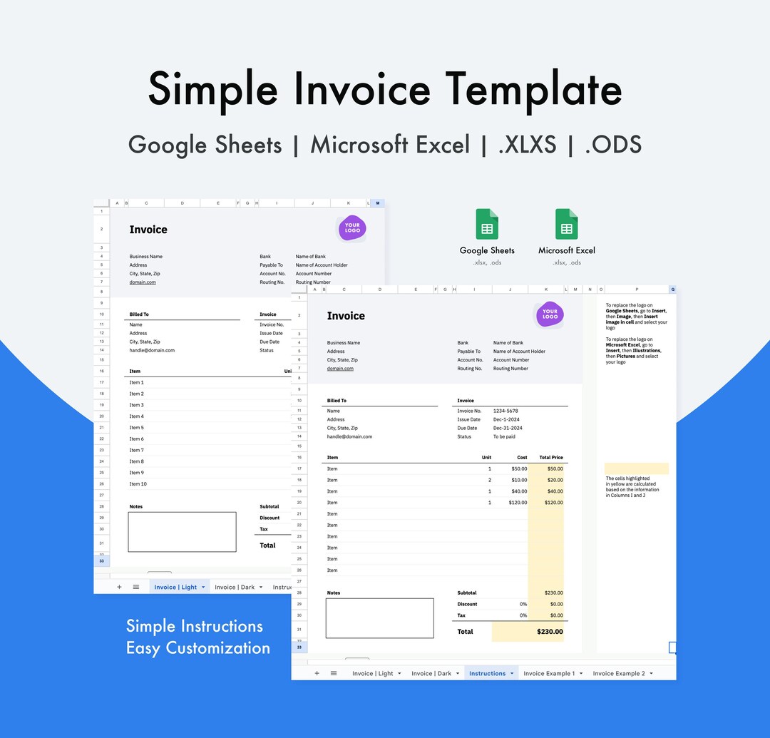 Simple Invoice Template Google Sheets .XLSX .DOCX Bill Receipt ...