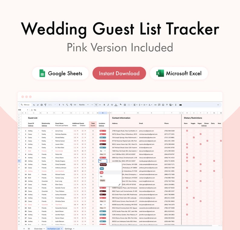 Wedding Guest List Template | RSVP Tracker (google Sheets, Excel ...