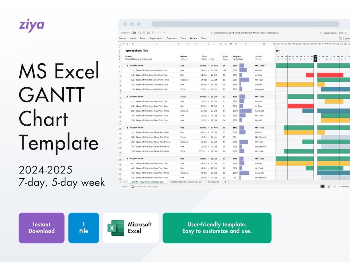 2024 2025 Gantt Chart Template | Microsoft Excel | .XLSX | 7-day Week ...