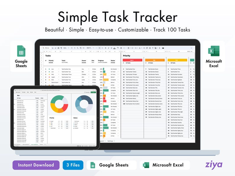 Simple Task Tracker MS Excel Google Sheets, Tracker Spreadsheet, to Do List, Task Planner ...
