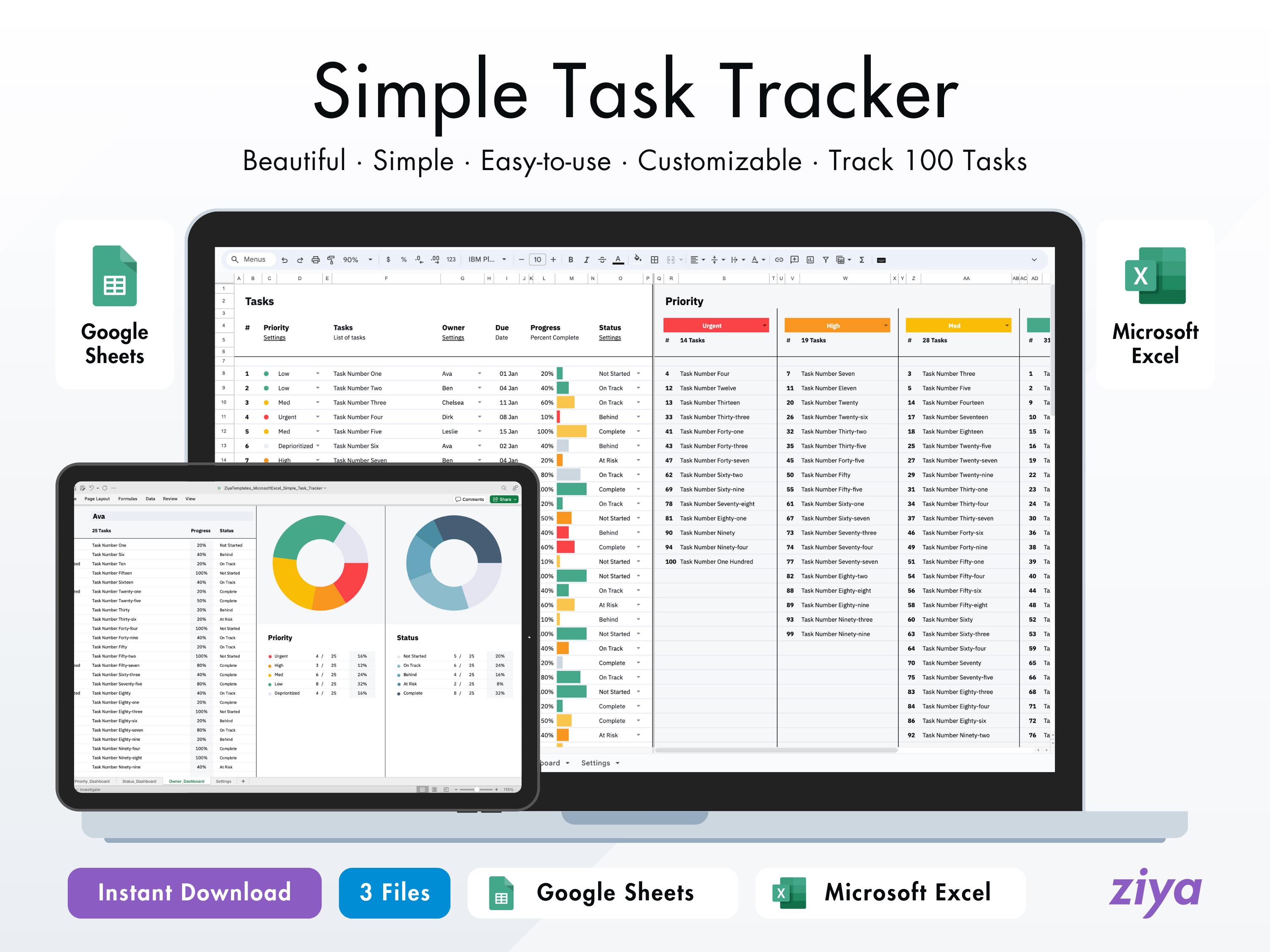 Simple Task Tracker MS Excel Google Sheets, Tracker Spreadsheet, to Do List, Task Planner ...
