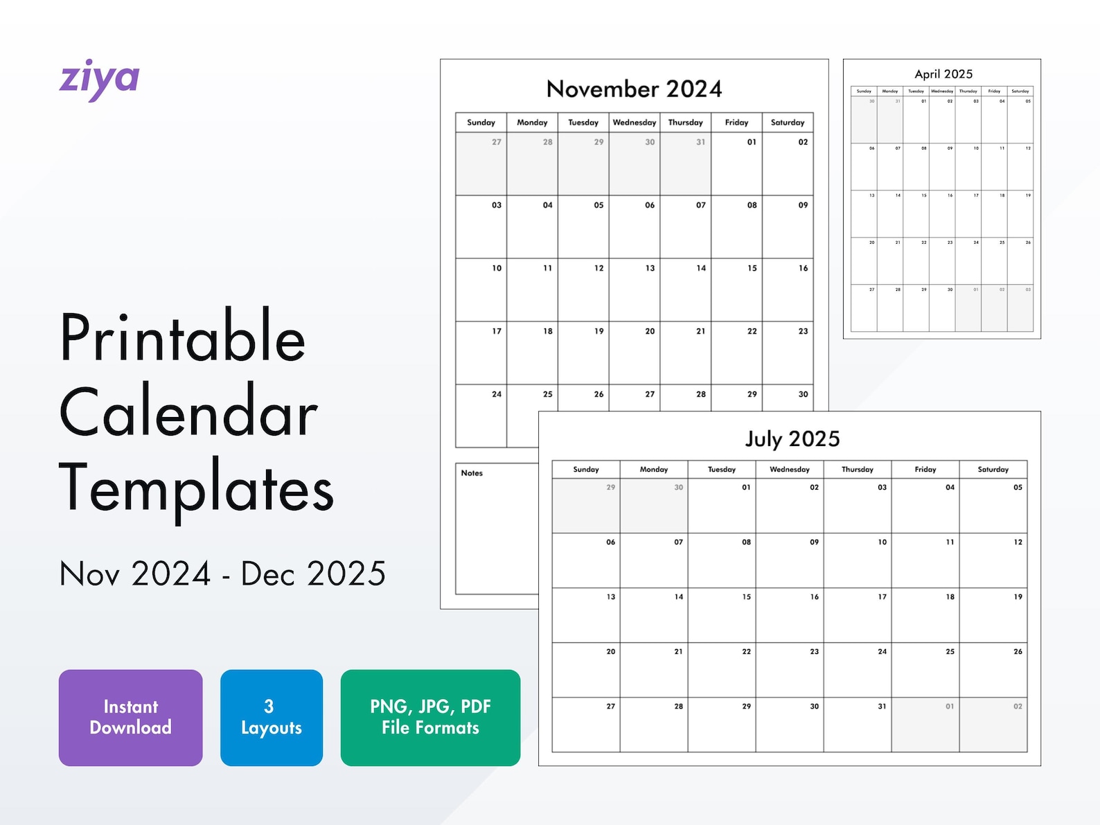 Printable Blank Calendar | November 2024 - December 2025 Monthly ...