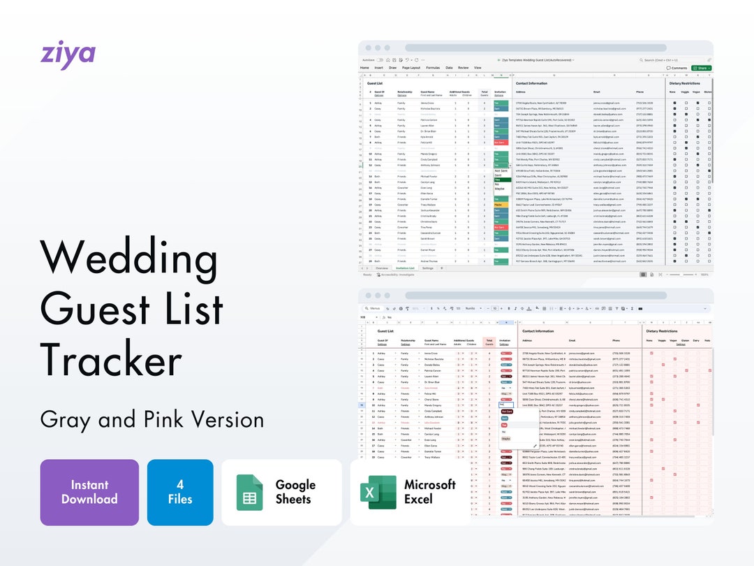 Wedding Guest List RSVP Tracker | Google Sheets | Microsoft Excel ...