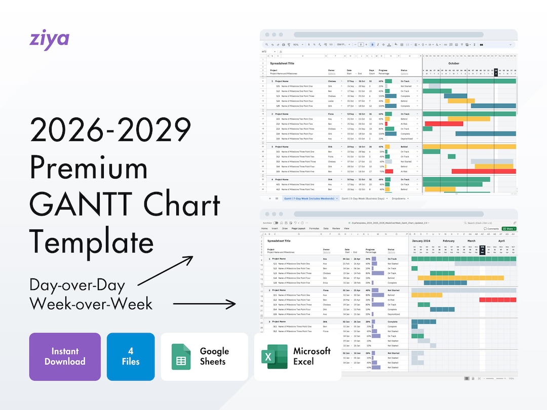 Premium Gantt Chart Template for 2026-2029, Google Sheets, Microsoft ...