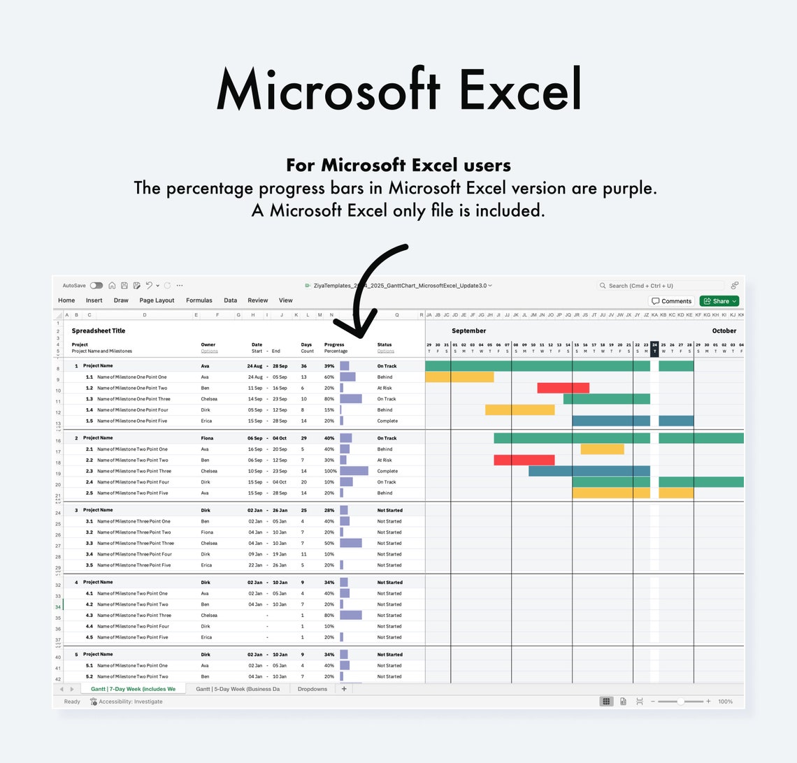 Simple Gantt Chart Google Sheets, Microsoft Excel, 7-day Week, 5-day ...