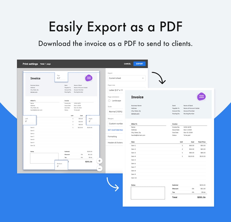 Simple Invoice Template | Google Sheets | .XLSX | .DOCX | Bill | Receipt | Printable ...