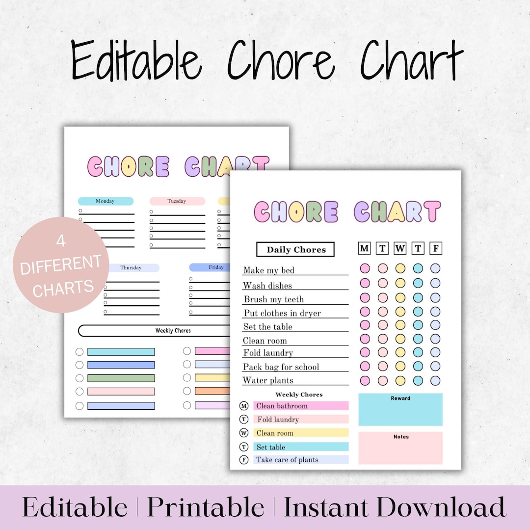 Editable Kids Chore Charts Kids Chore Chart Chore Chart Printable ...