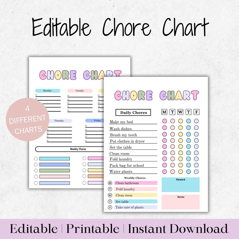 Editable Kids Chore Charts Kids Chore Chart Chore Chart Printable ...