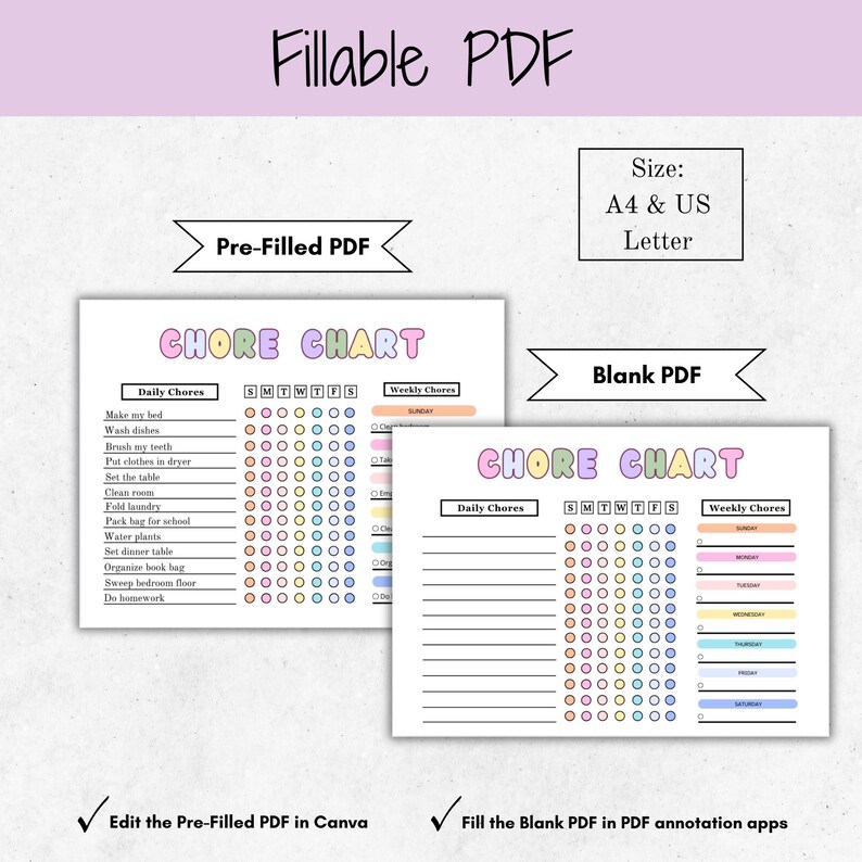 Chore Charts, Editable Chore Chart, Kids Daily Weekly Responsibility ...
