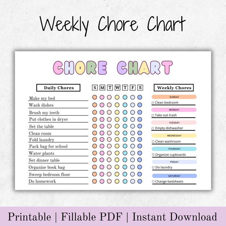 Chore Charts, Editable Chore Chart, Kids Daily Weekly Responsibility ...