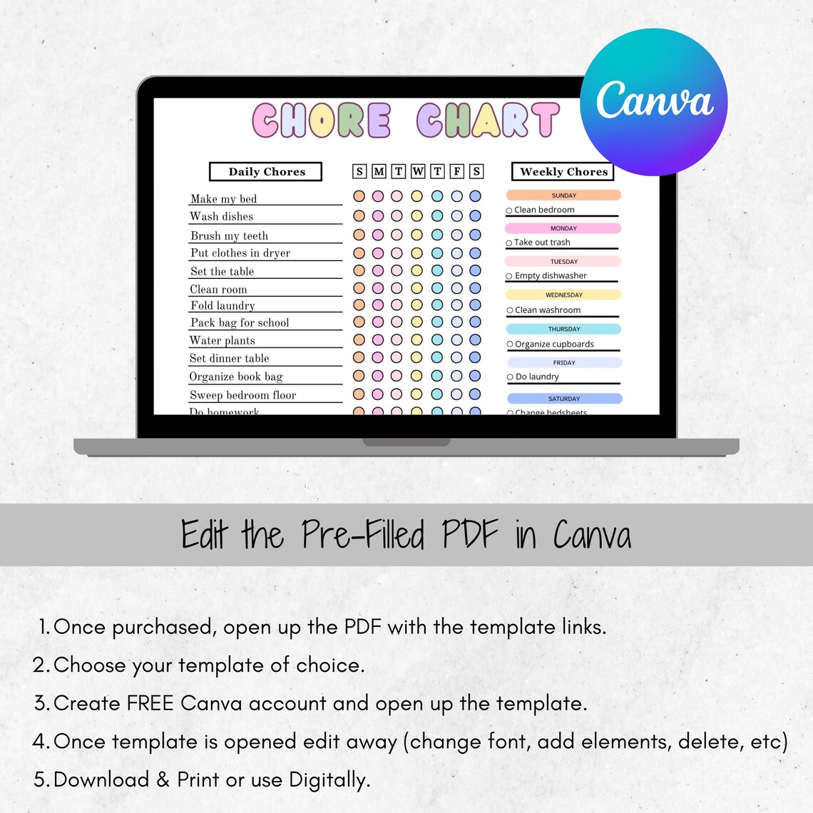 Chore Charts, Editable Chore Chart, Kids Daily Weekly Responsibility ...