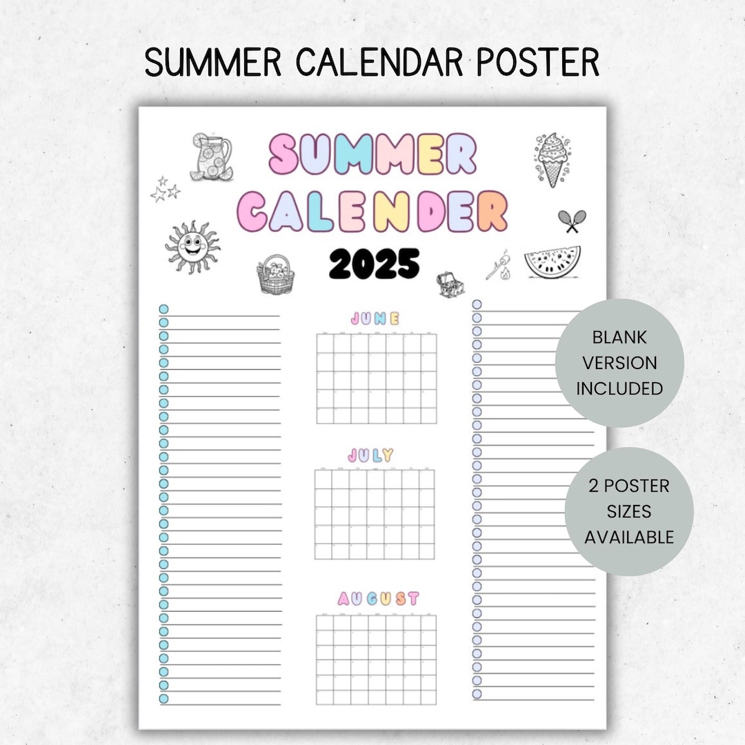 Summer Calendar Poster Printables Summer Fun Bucket List Family Planner ...