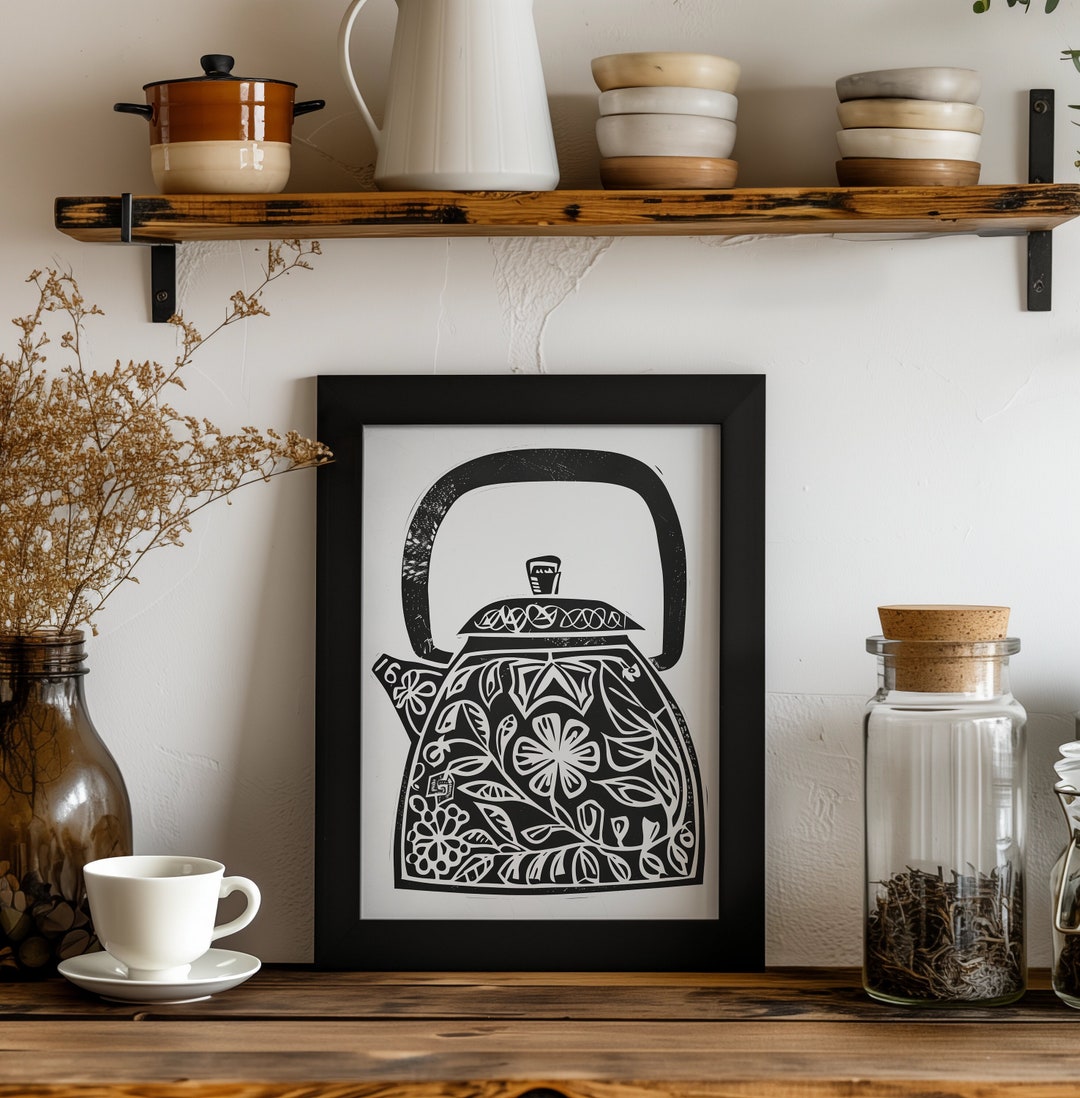 Vintage Teapot Linocut Style JPG Download | Celtic Folk Wall Decor ...