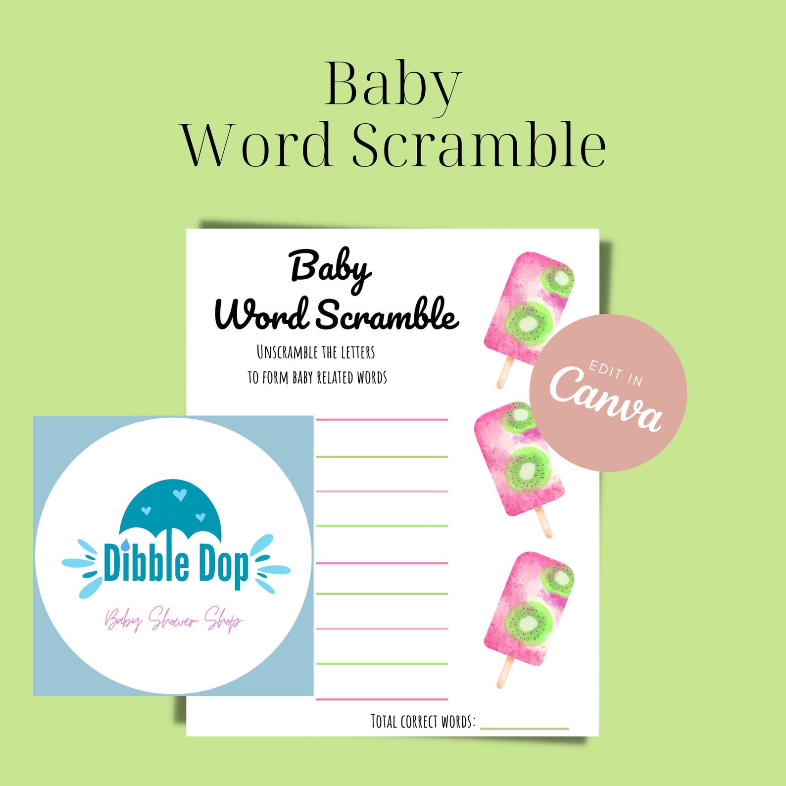 Baby Word Scramble Game: B-1 Pink Kiwi Ready to Pop Baby Shower Game ...