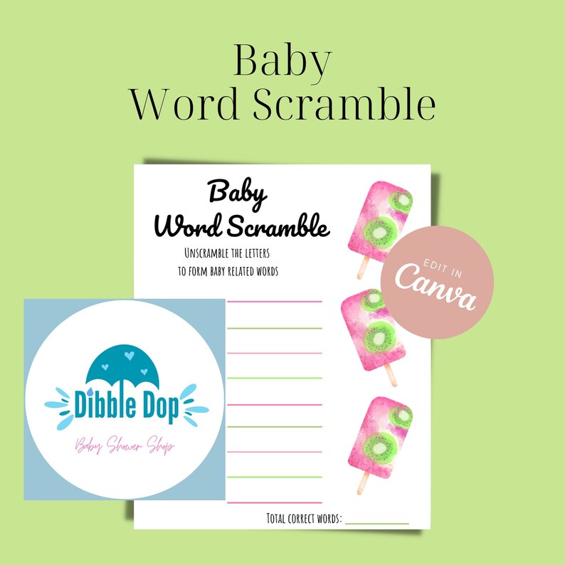 Baby Word Scramble Game: B-1 Pink Kiwi Ready to Pop Baby Shower Game ...
