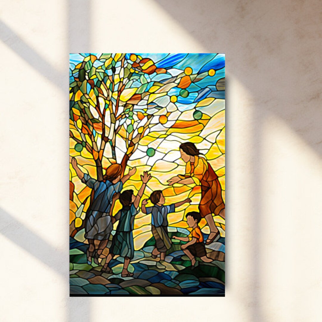 Stained Glass Children at Play Print Glossy Metal Print Housewarming ...