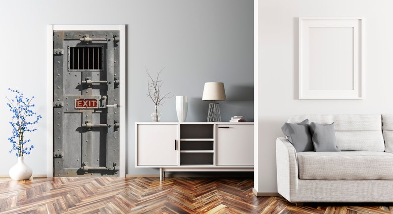 Jail Exit With Window Bars Door Wrap Grey, Custom Printed, Made-to ...