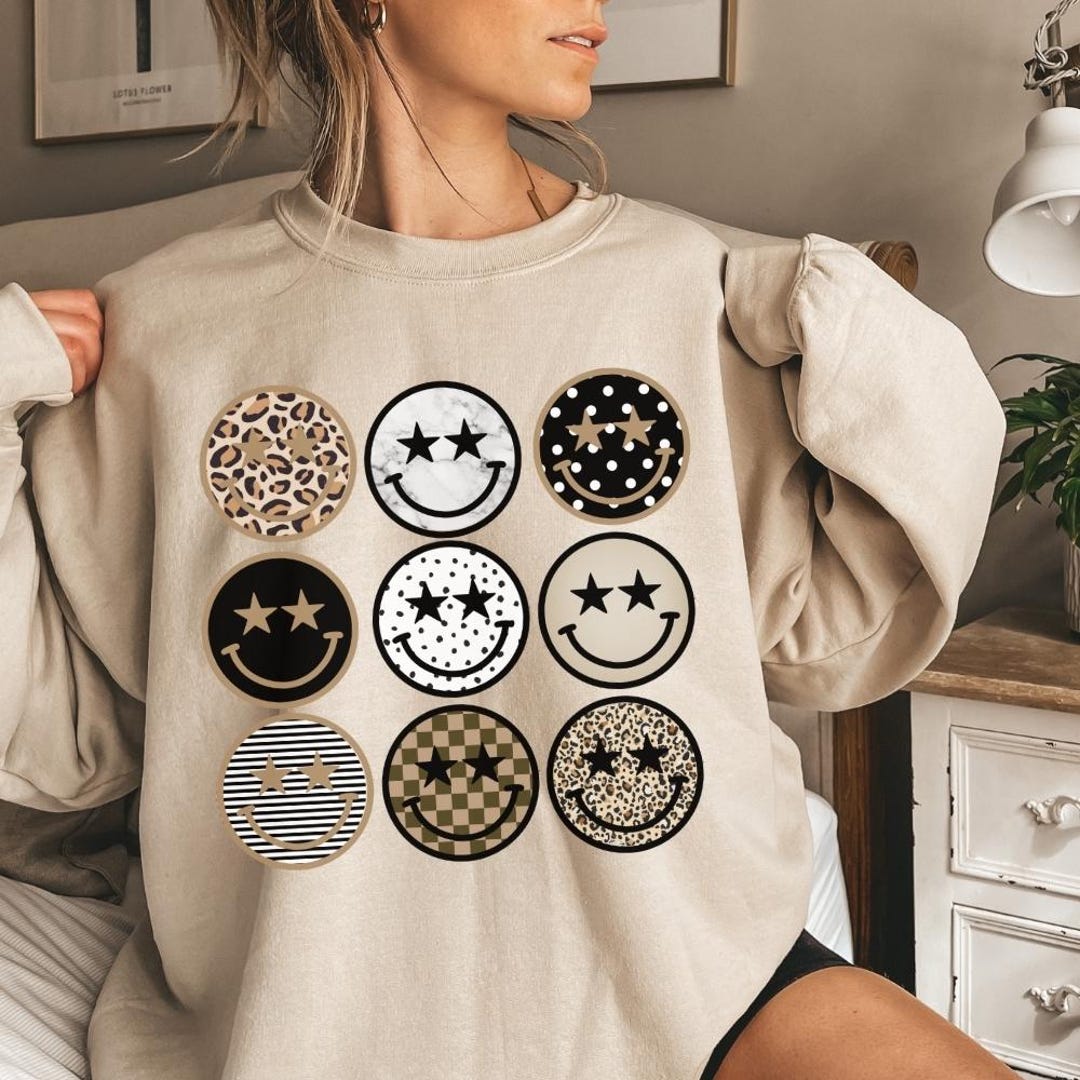 Smiley Face Sweatshirt Checkered Retro Graphic Crewneck Happy Face ...