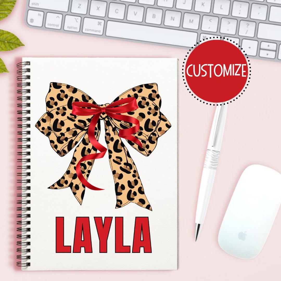 Personalized Notebook, Leopard Coquette Bow Custom Name Spiral Notebook ...