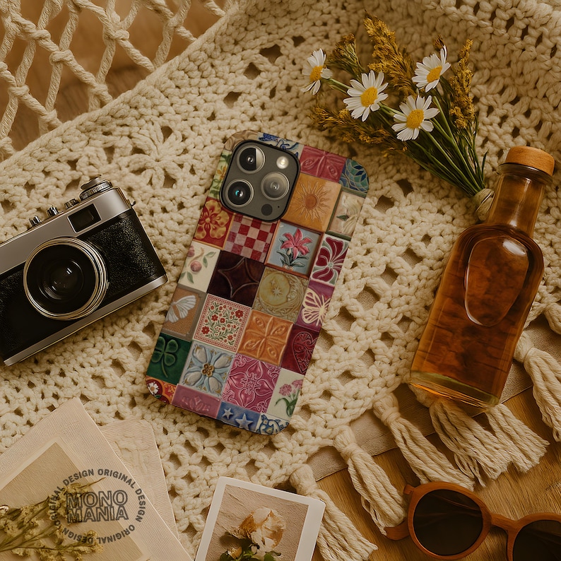 Mosaic Tile Phone Case : Bohemian Retro Y2k 90s Hippie iPhone 17 16 15 ...