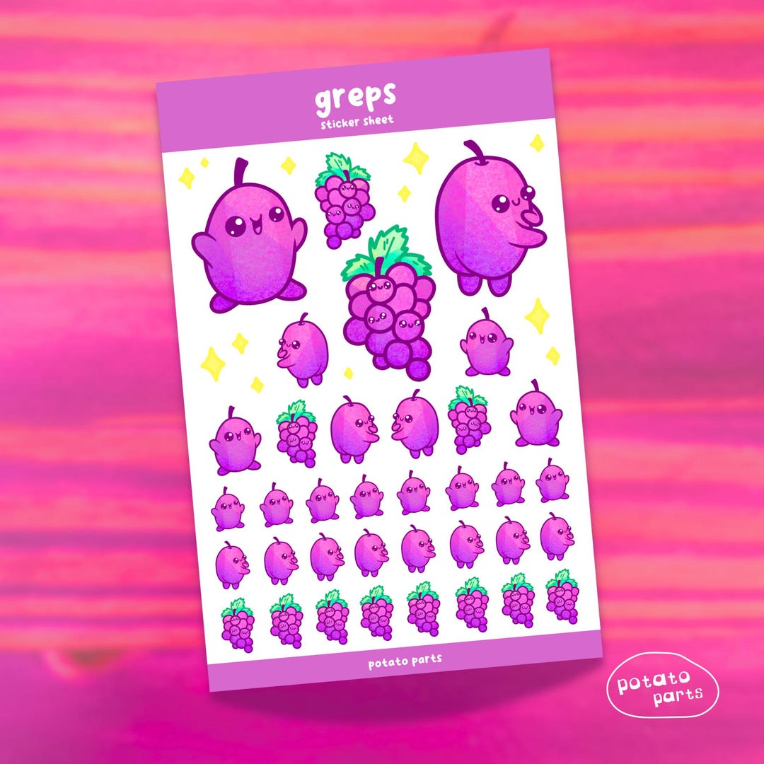 Cute Grapes Sticker Sheet - Kawaii Grapes - Vinyl Deco Sticker Sheet ...