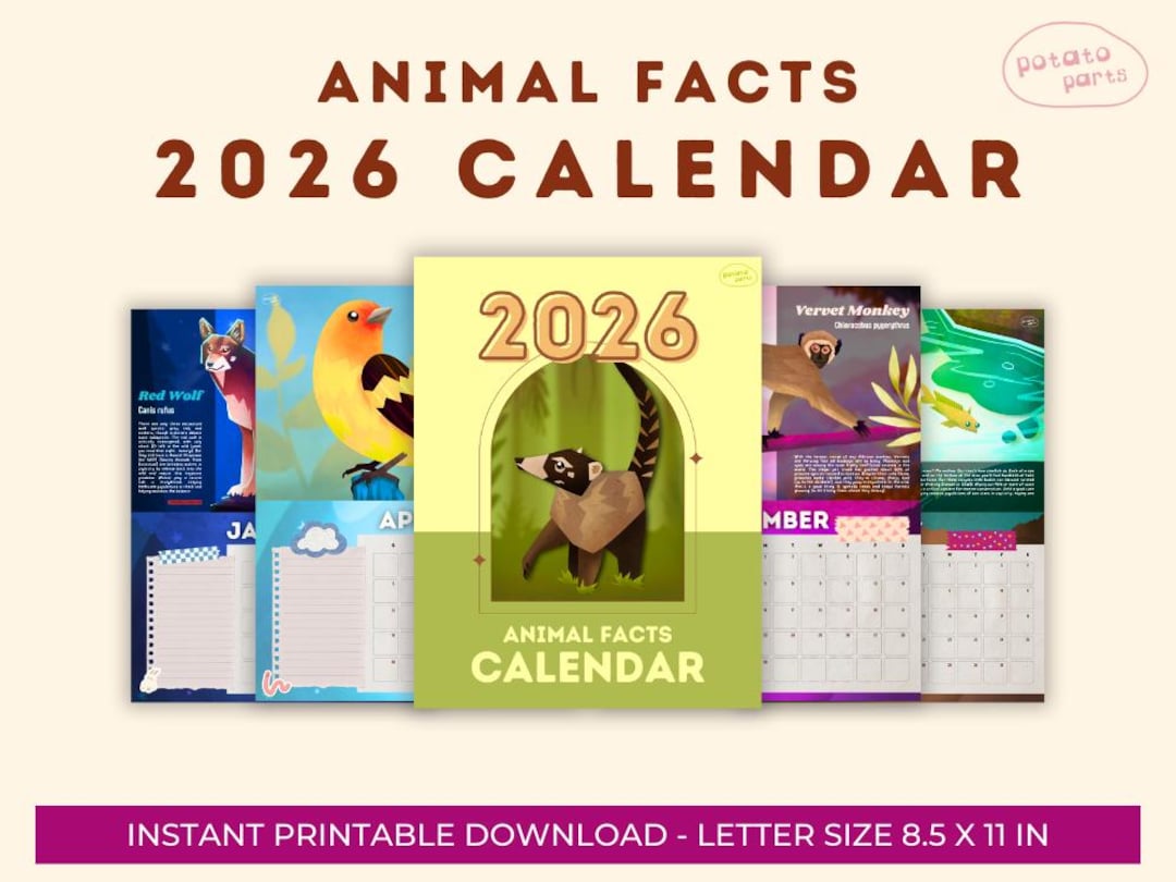 2026 Printable Animal Calendar || Digital File - Etsy Australia
