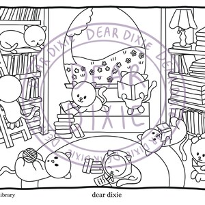 Cute Cat Library Coloring Page Digital Download, Cozy Animals, Adult ...