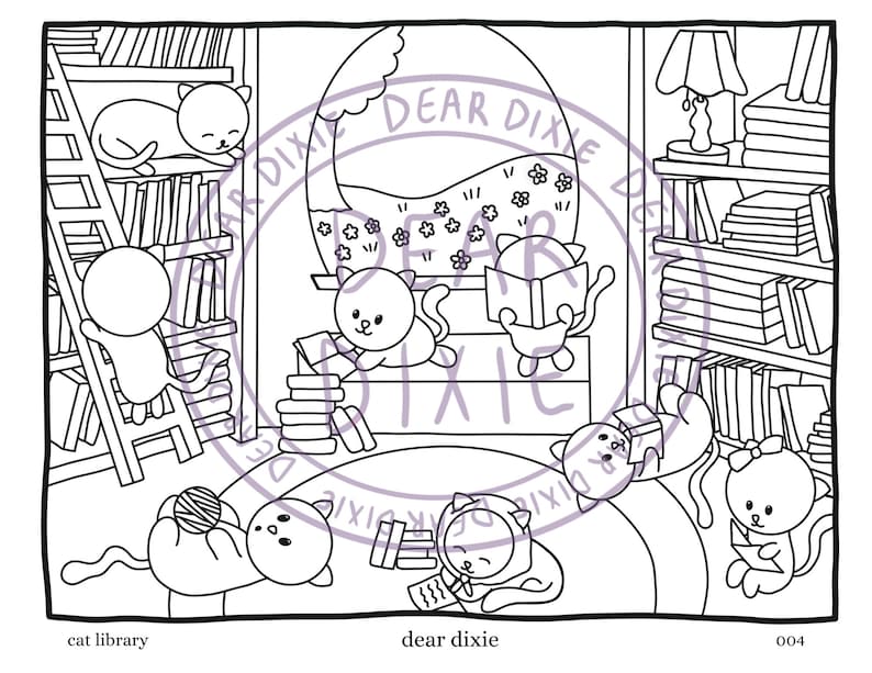 Cute Cat Library Coloring Page Digital Download, Cozy Animals, Adult ...