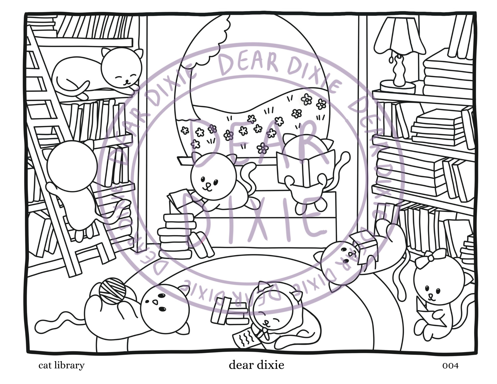 Cute Cat Library Coloring Page Digital Download, Cozy Animals, Adult ...