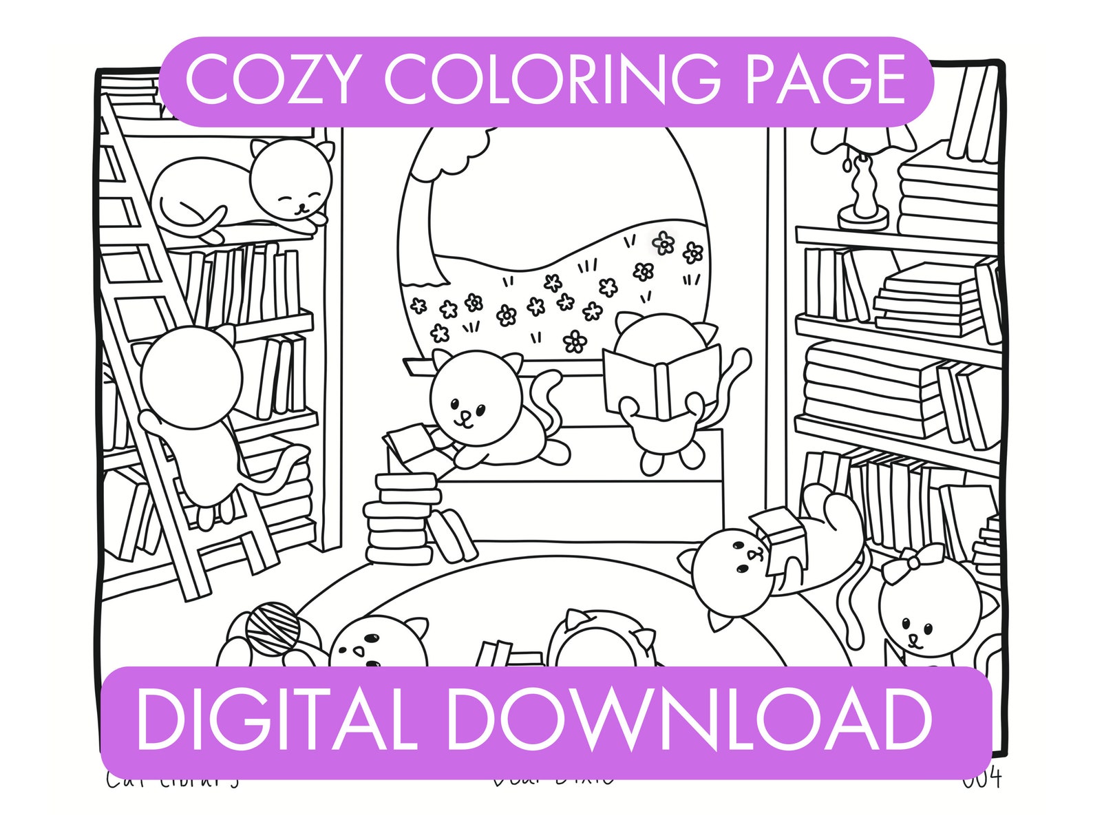 Digital Download Cute Cat Library Coloring Page Cozy Animal Coloring ...